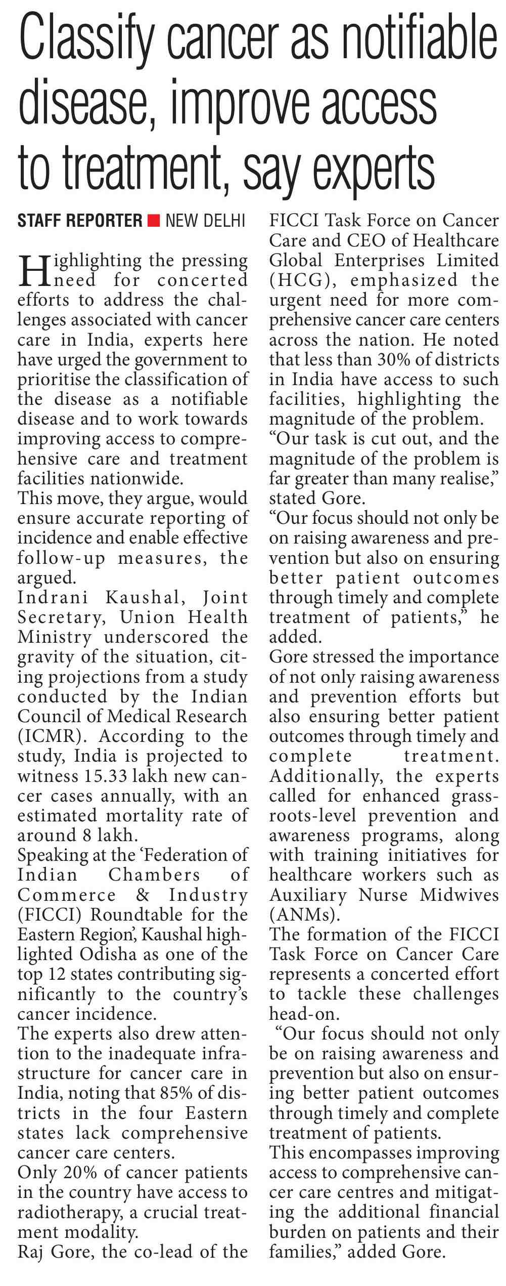 CEO Raj Gore Co-Leads FICCI Task Force on Cancer Care for Affordable ...